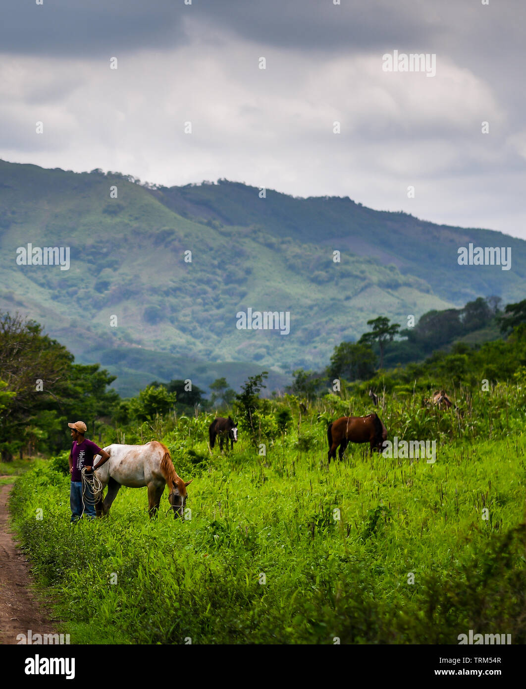 latin rancher talking to hikers in Guatemalan countryside Stock Photo ...