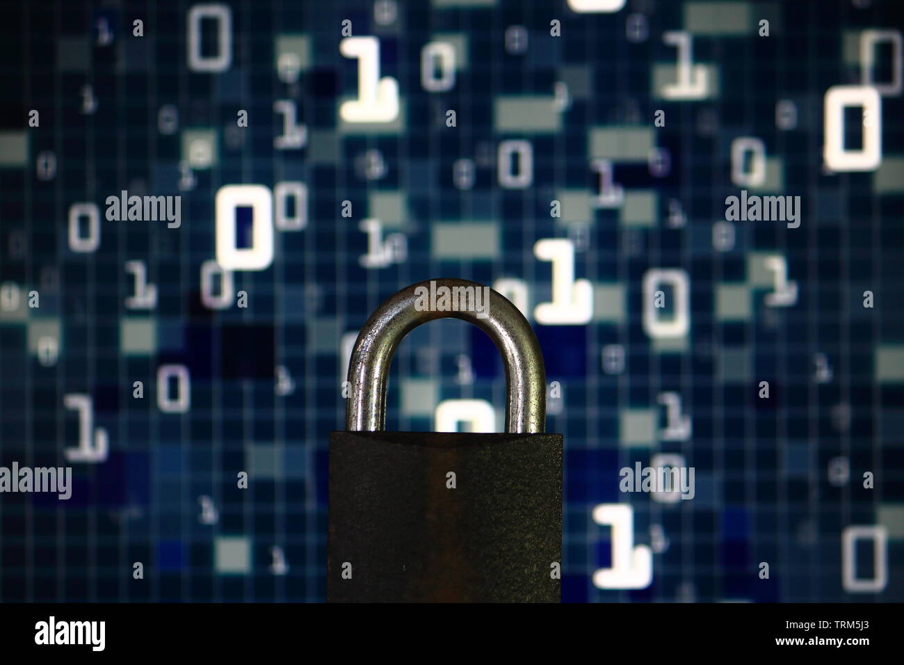 binary computer language matrix blurred be hide an iron Padlock. sign ...