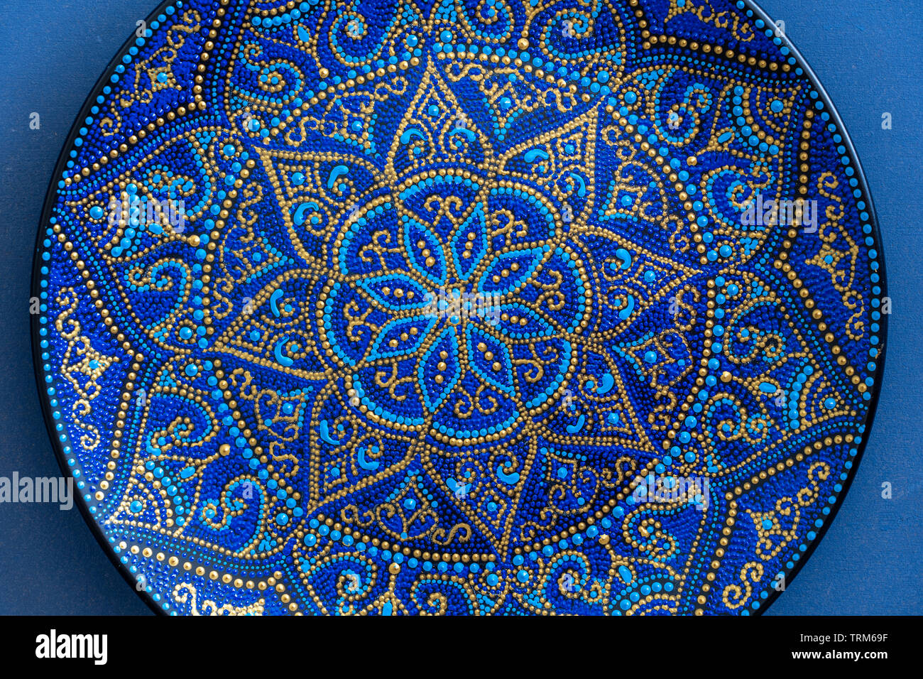 Decorative ceramic plate with blue and golden colors, painted plates ...
