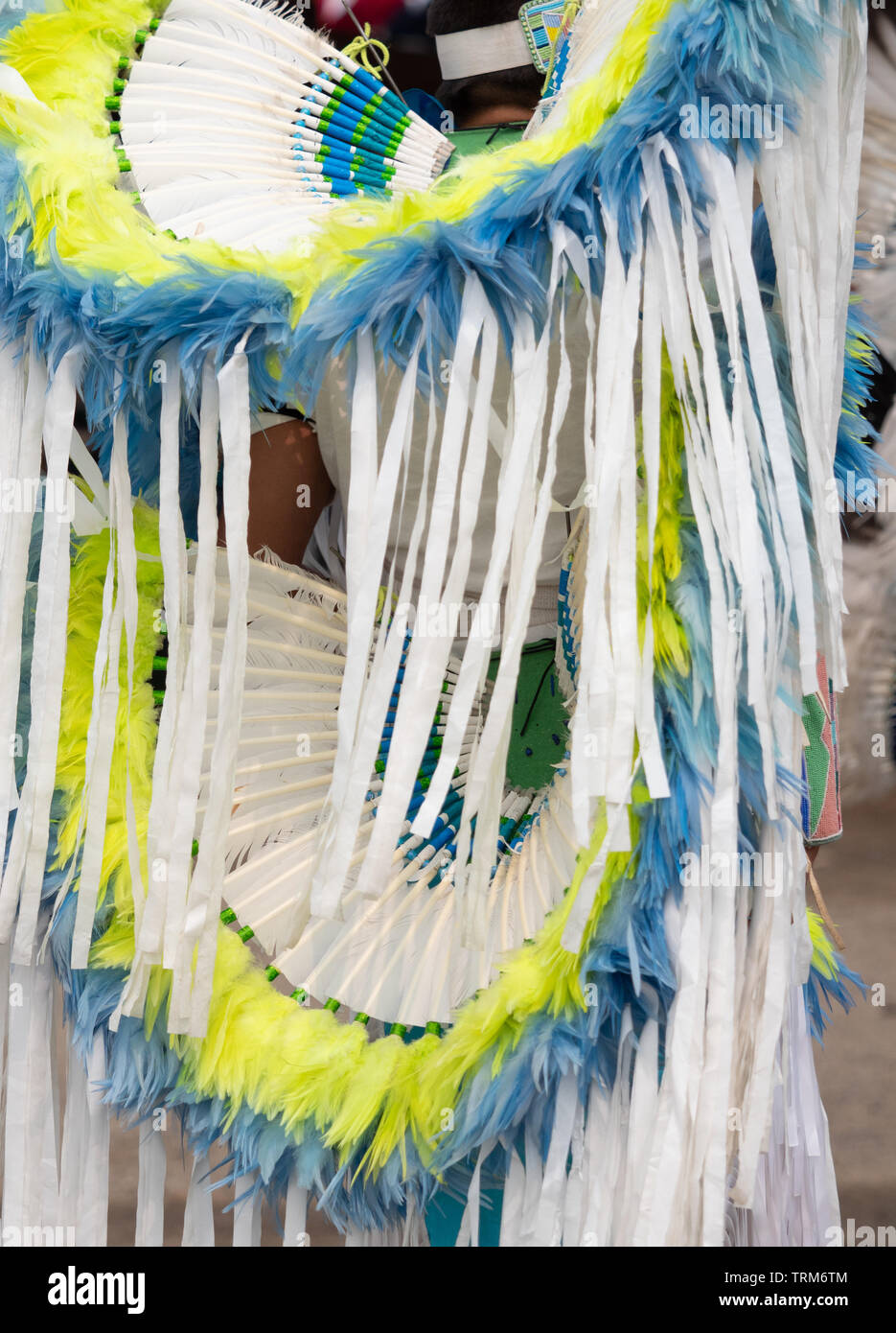 Close up of a white, yellow and blue headdress and bustle worn by a ...