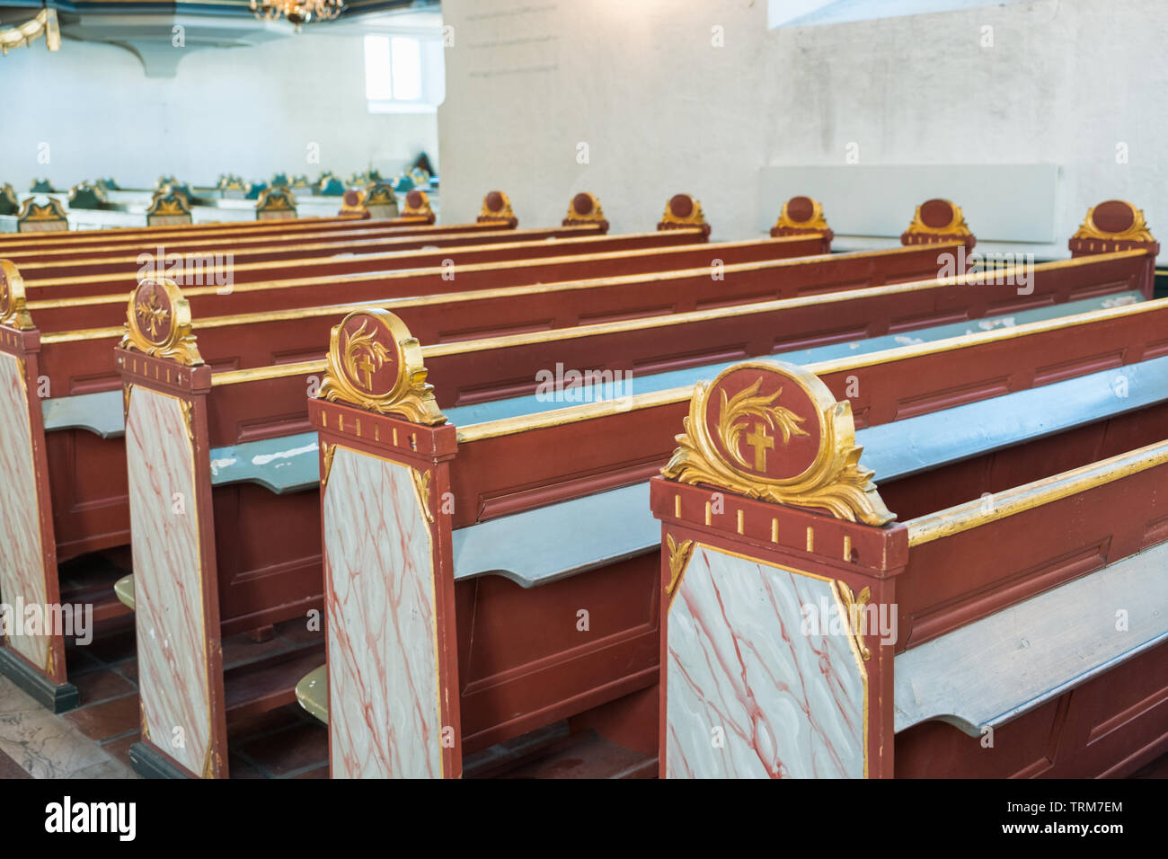 Rows of wooden christian church benches Stock Photo - Alamy