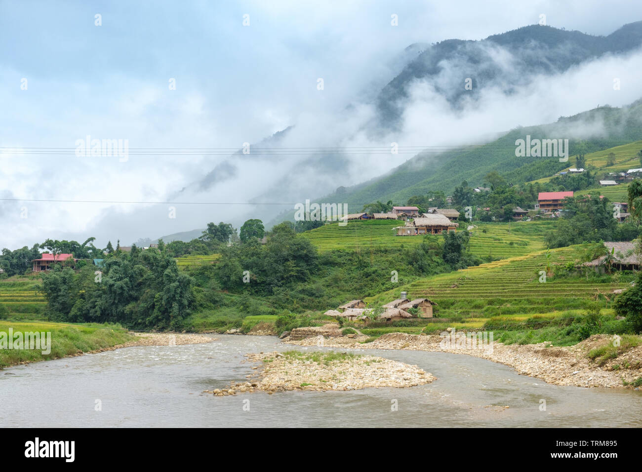 Viewpoint tribe village on rice terraced with river in Tavan, Sapa ...