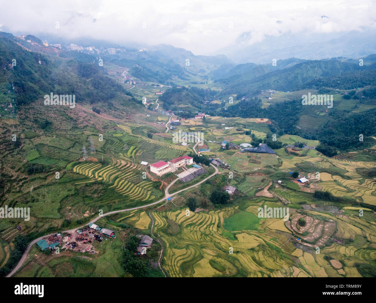 Above view of Sapa city with Tavan village rice field terraced in ...