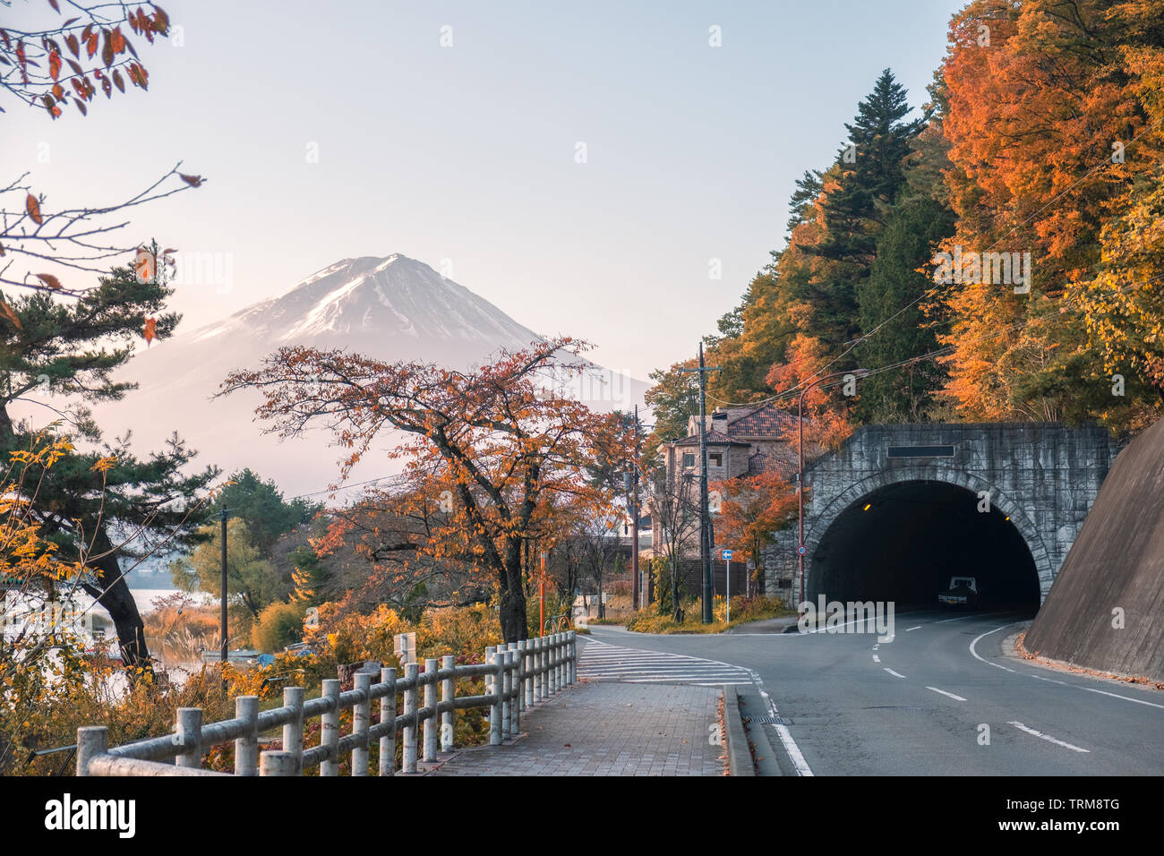 Mount Fuji with autumn forest and tunnel road at Kawaguchiko lake Stock ...