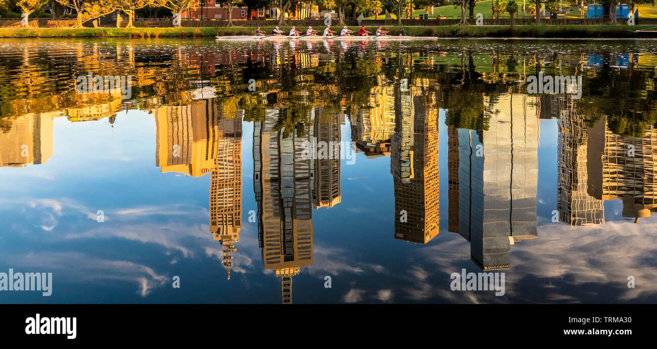 Melbourne Australia scene: Rowing over the reflections of the Melbourne ...