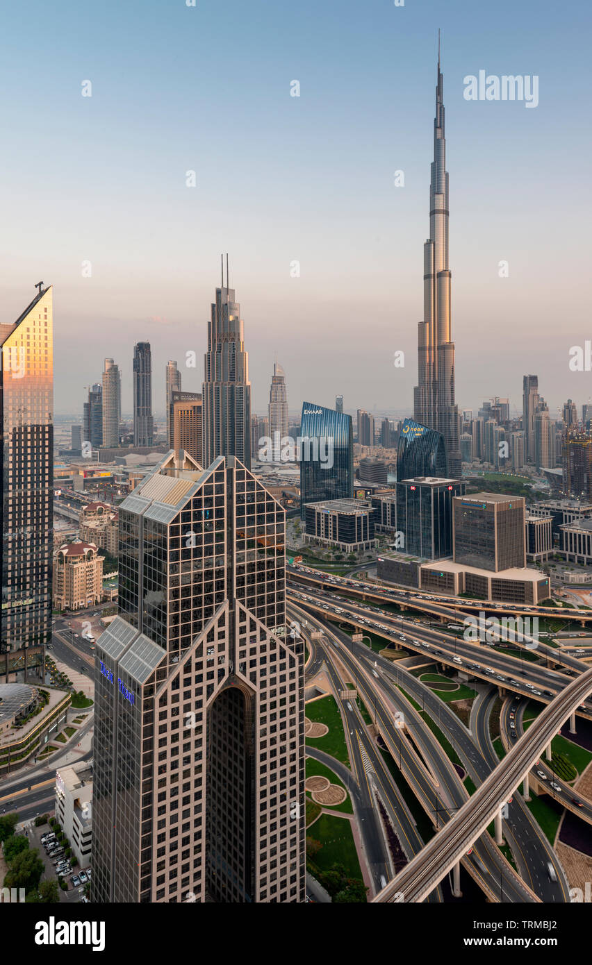 The Burj Khalifa and downtown Dubai including a massive highway ...