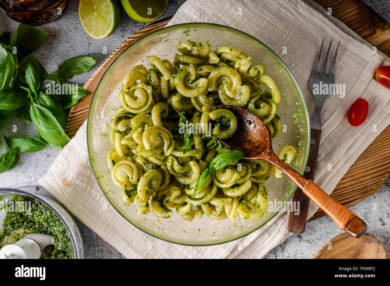 Delish simple food, semolina pasta with basil nuts pesto Stock Photo ...