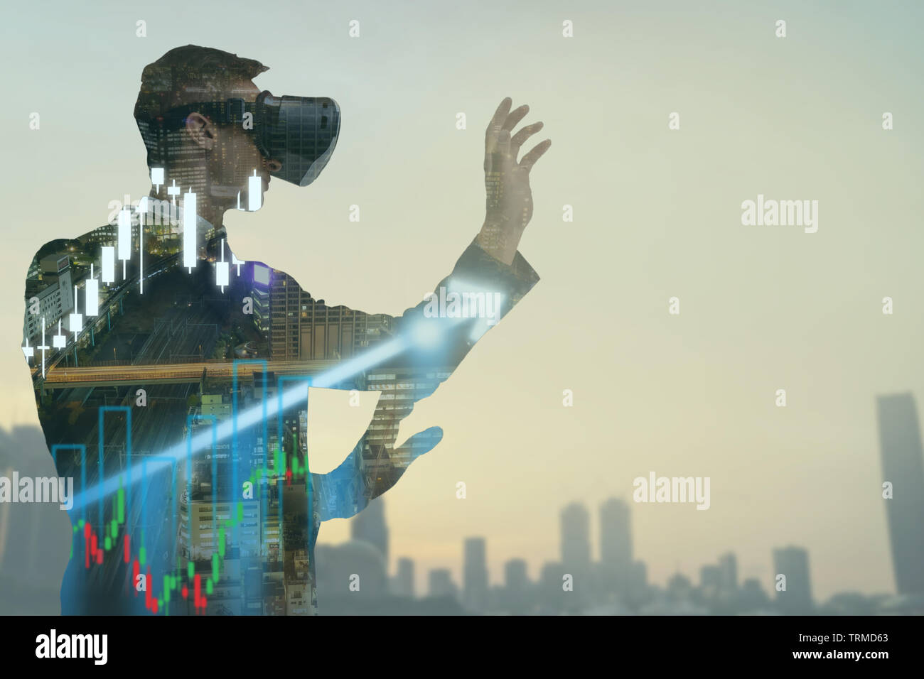 double explosure business man use augmented mixed virtual reality to ...