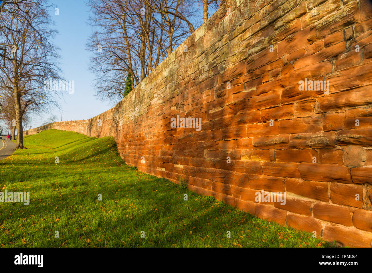 Autumn Fall sunlight falling on sandstone Chester Town Walls Stock ...