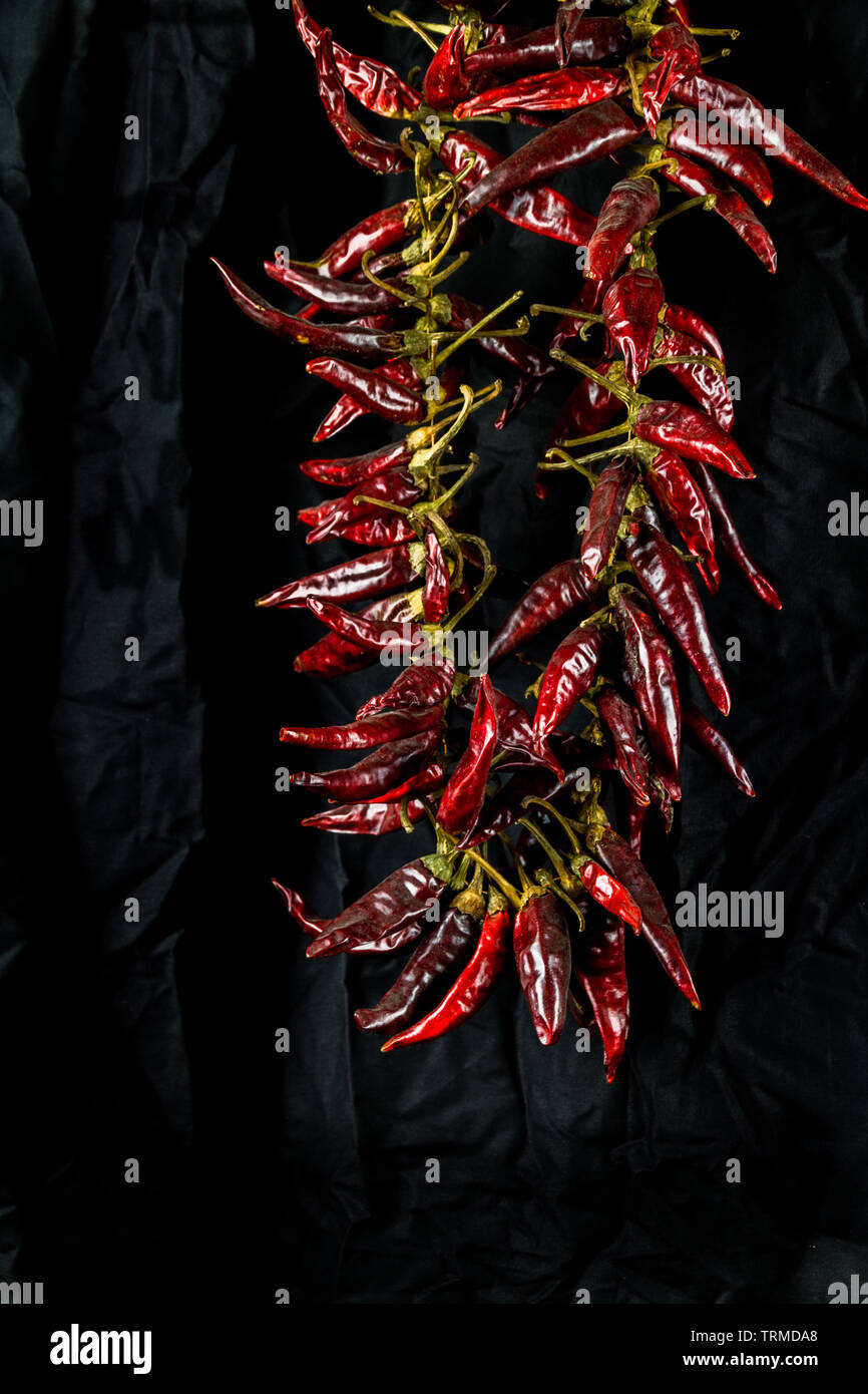 Hungarian paprika pepper string, black background Stock Photo - Alamy
