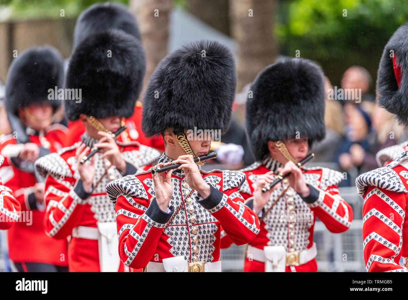 Band of the Grenadier Guards Corps of Drums flute marching band on The Mall, London, UK during ...