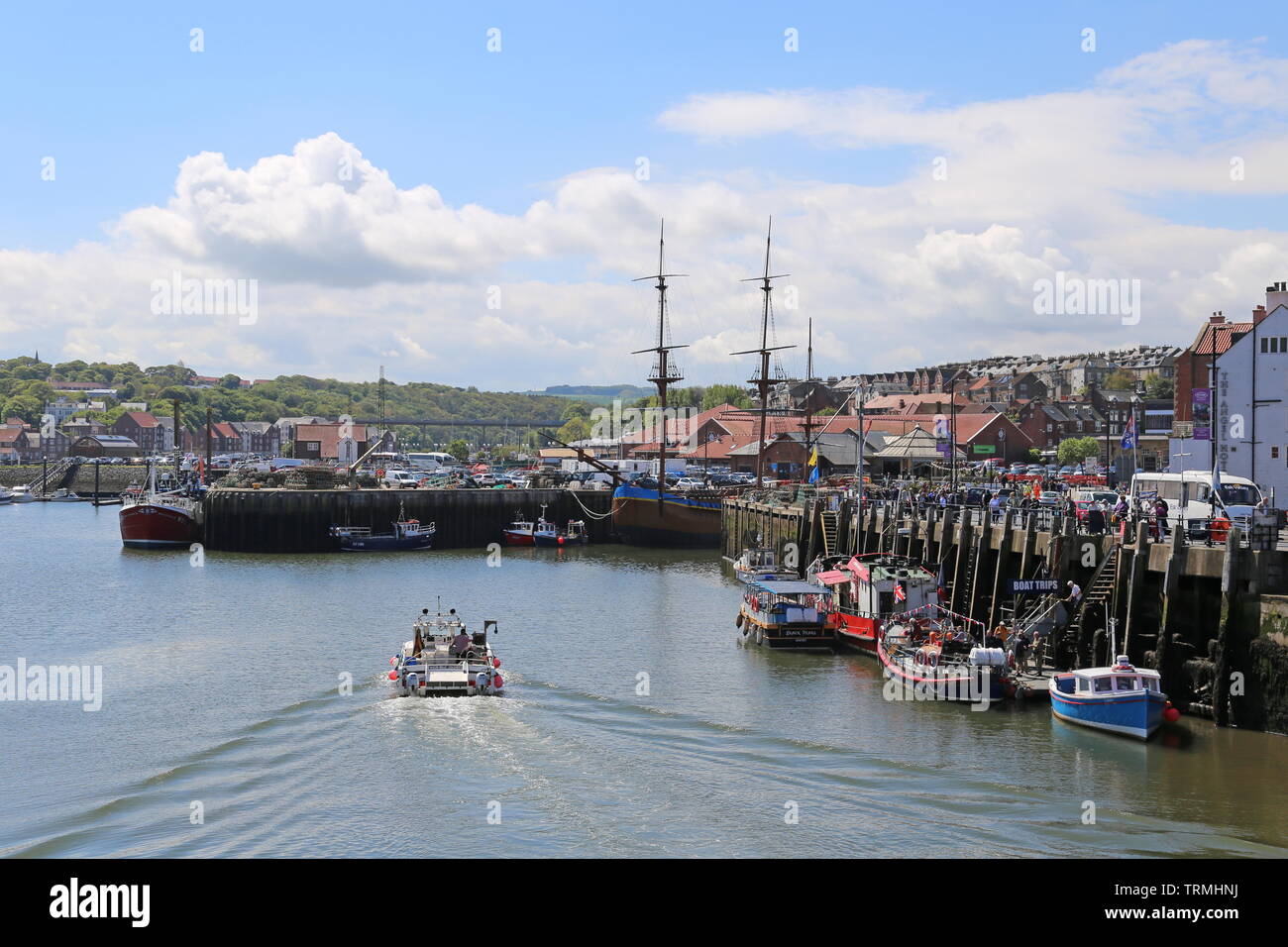 Fish Quay and Bark Endeavour from Swing Bridge, Whitby, Borough of ...