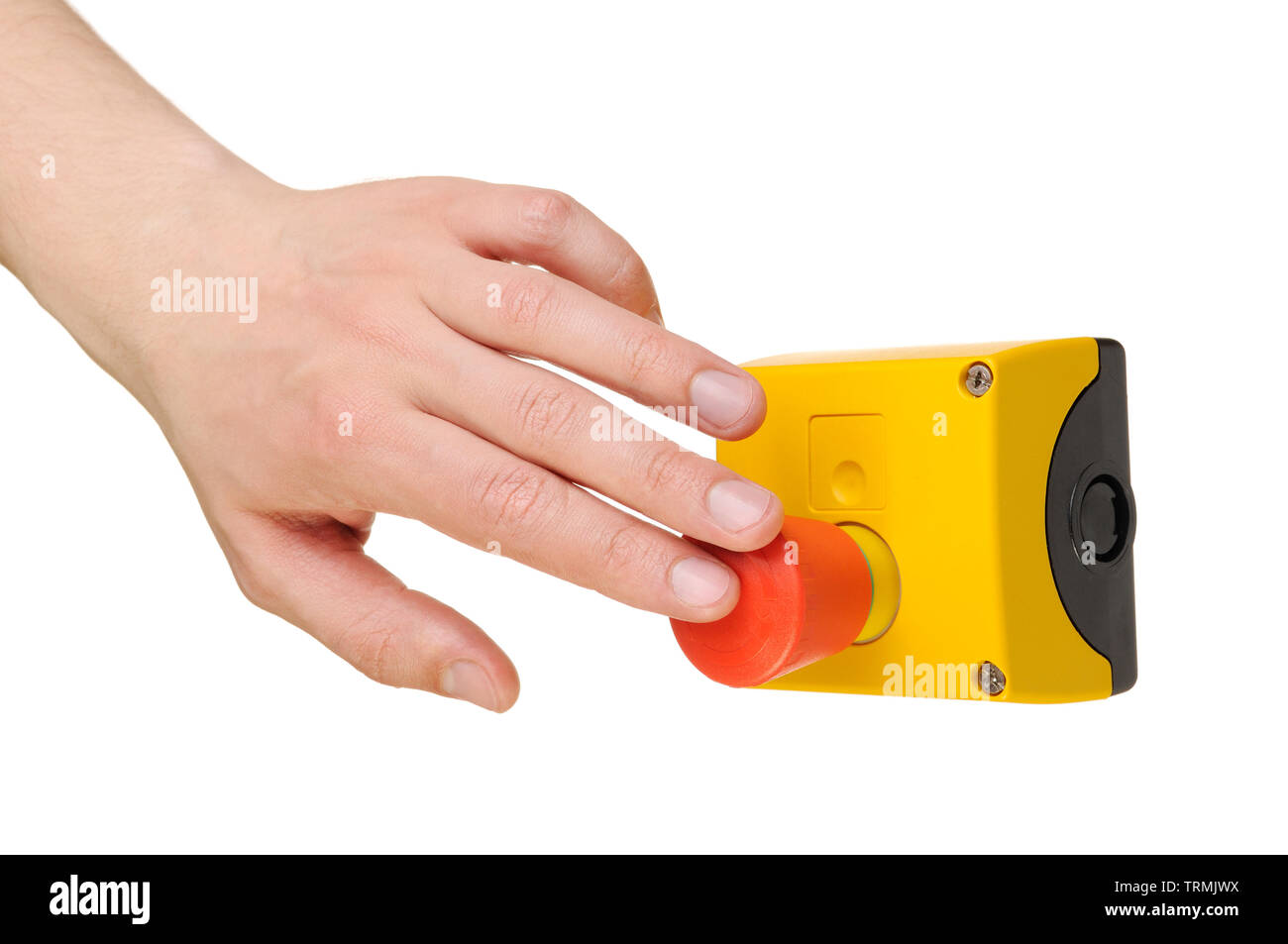 Hand pushing red emergency stop button. Isolated on white Stock Photo ...