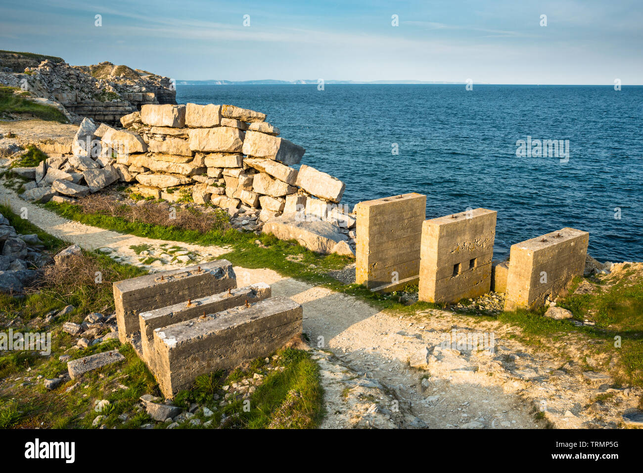 Remains of a disused stone quarry at Portland Bill on the Isle of ...