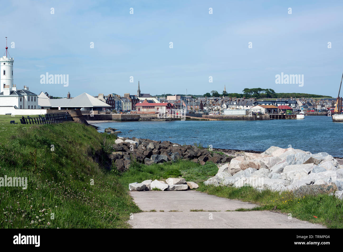 Distant view of Arbroath town, harbour and signal tower museum, seen ...
