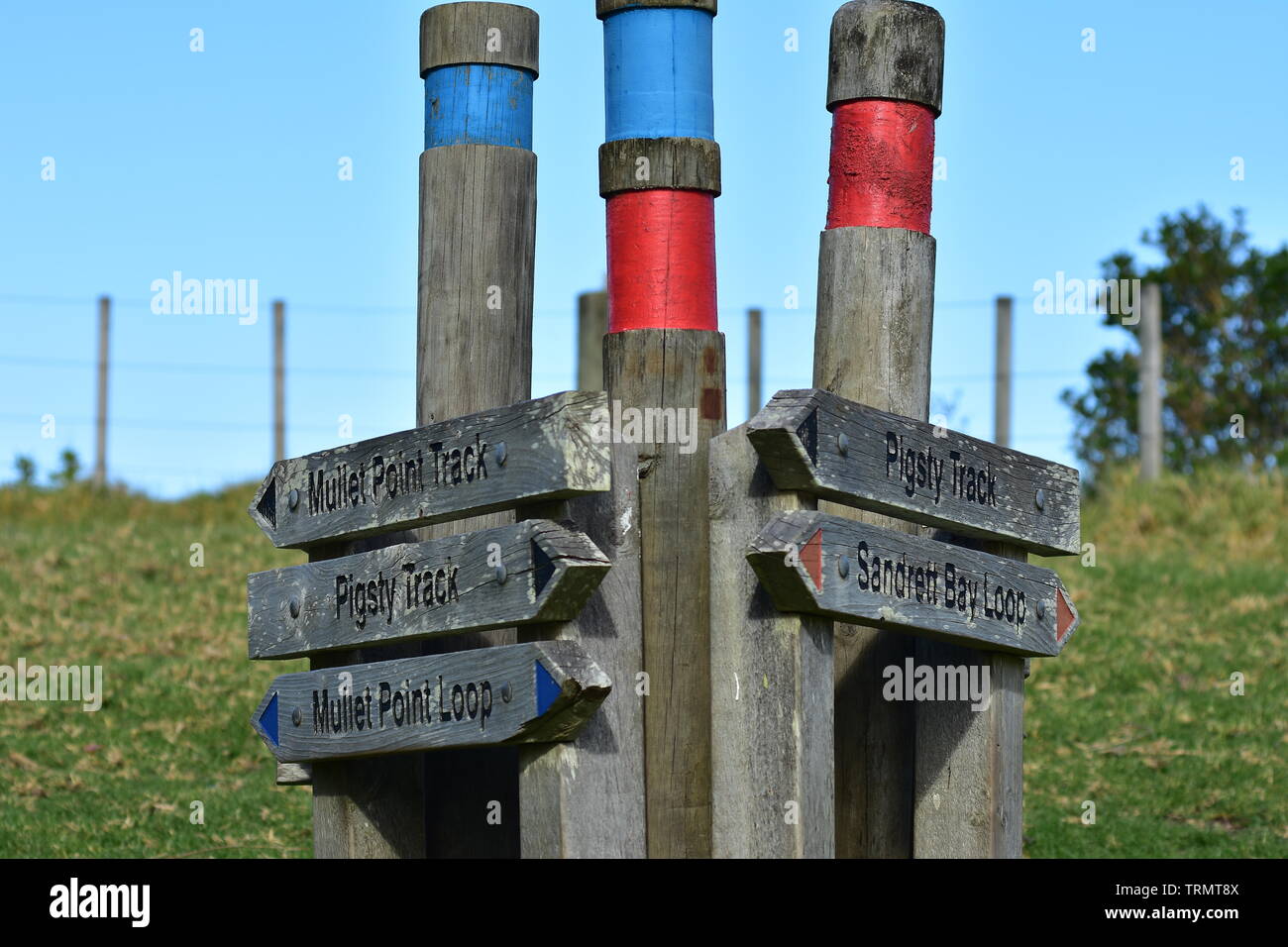 Round poles with color coded bands and wooden signs with walking tracks ...