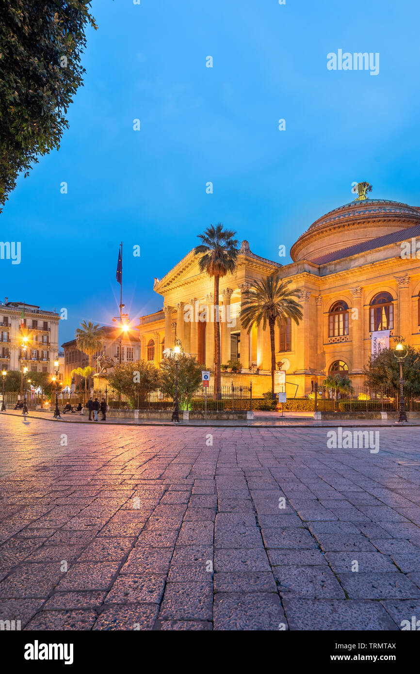 Teatro Massimo or Massimo Theatre opera house during twilight in Piazza ...