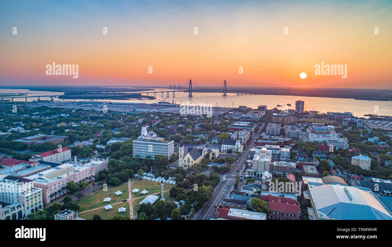 Charleston, South Carolina, USA Sunrise Downtown Skyline Aerial Stock ...