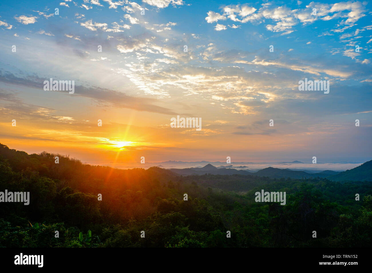 Beautiful sky sunrise asia landscape on hill with fog mist in the ...