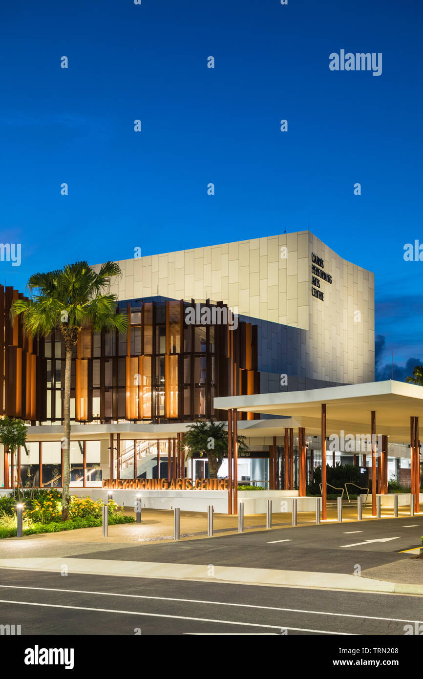 The Cairns Performing Arts Centre illuminated at twilight, Cairns ...