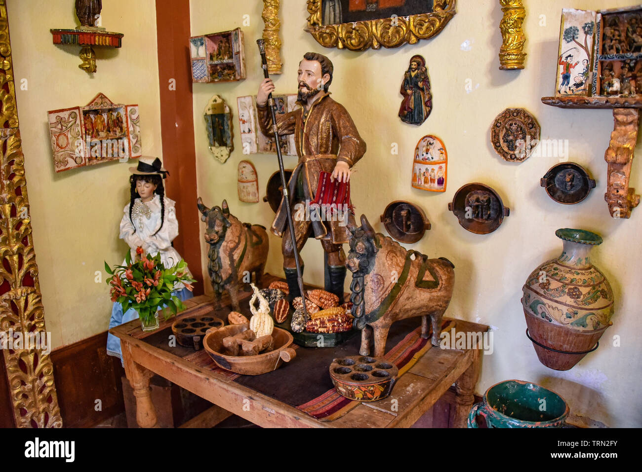 Cusco, Peru - Oct 13, 2018: Antiques and colonial art on display at the ...