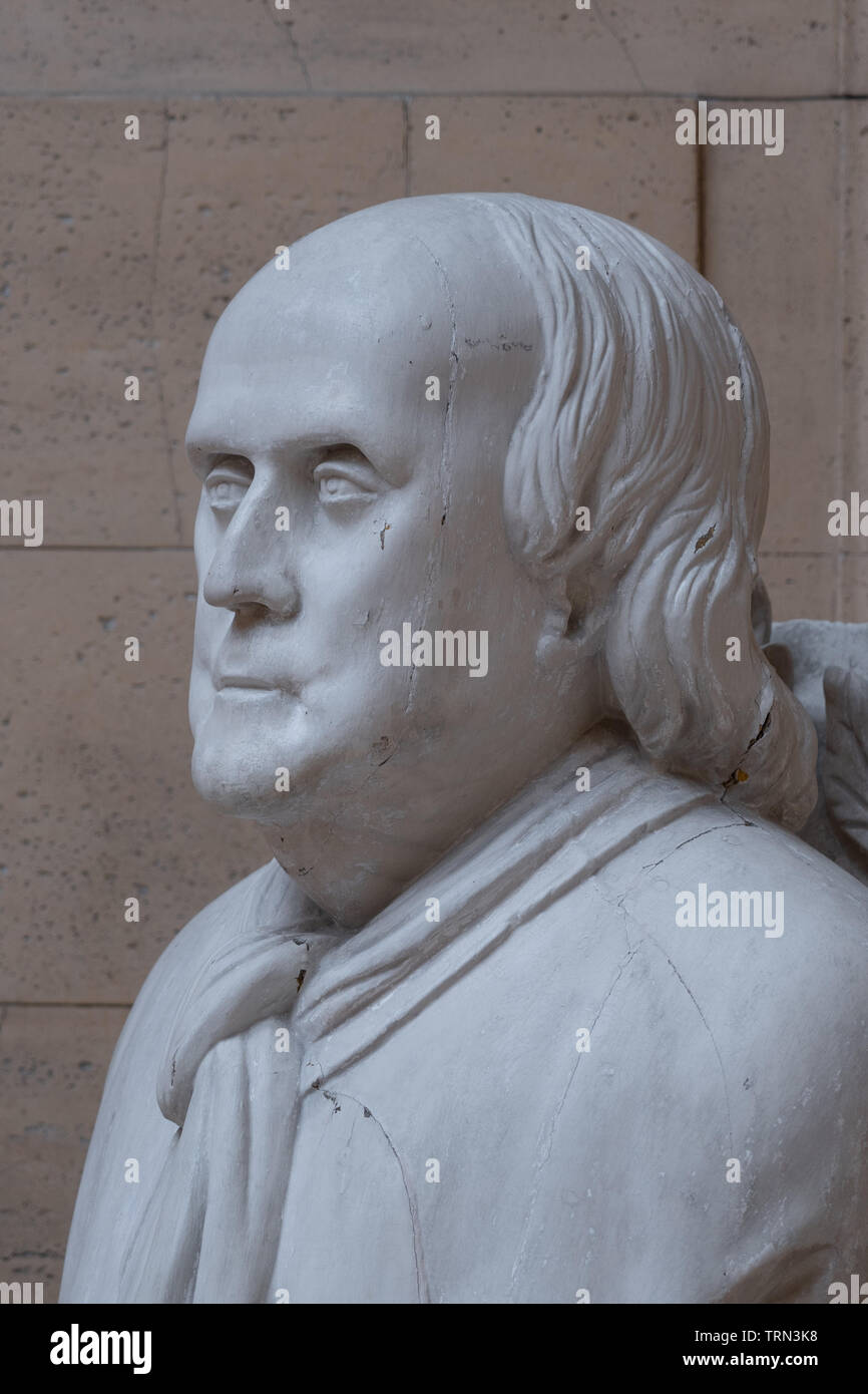 A statue of Benjamin Franklin at the Franklin Institute who was an ...