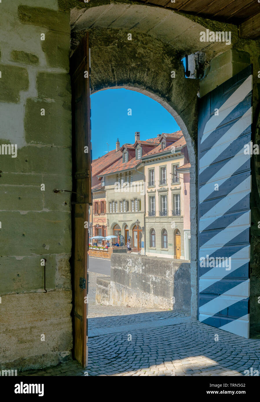 Romont, FR / Switzerland - 1 June 2019: view of the historic city ...