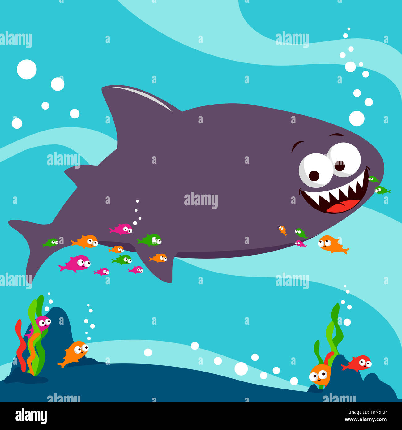 Cartoon shark and fish swimming underwater. Cute cartoon sea animals ...