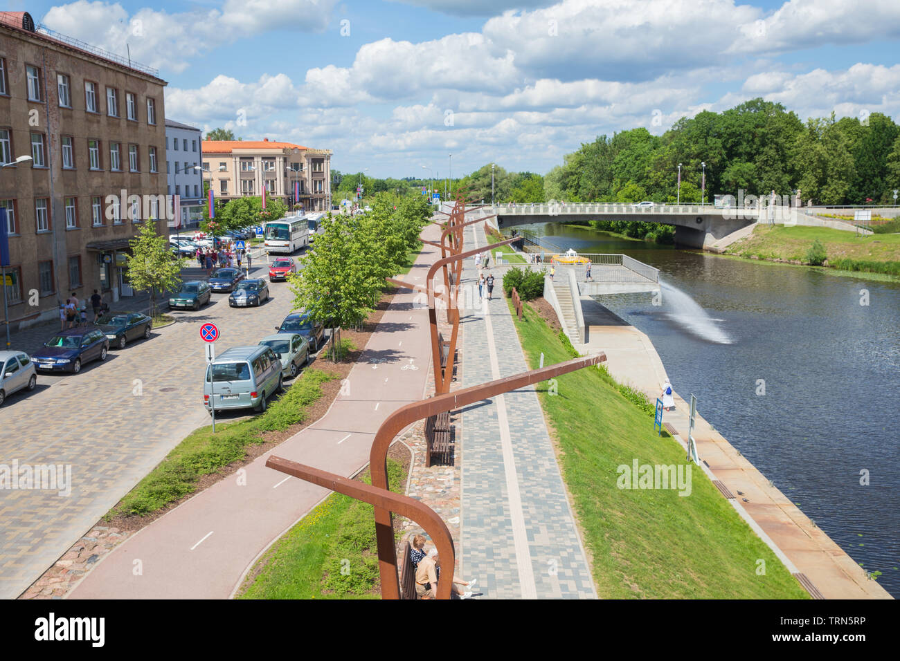 City Jelgava, Latvian Republic. River Lielupe, peoples and urban city ...