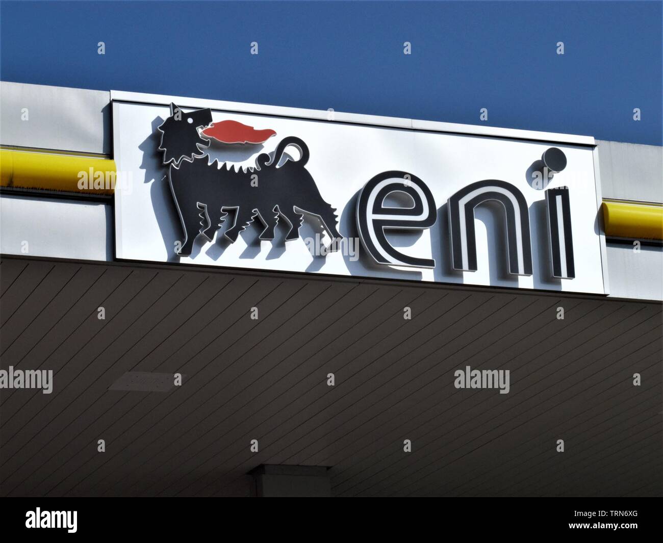 Eni logo on the roof of a petrol station Stock Photo - Alamy