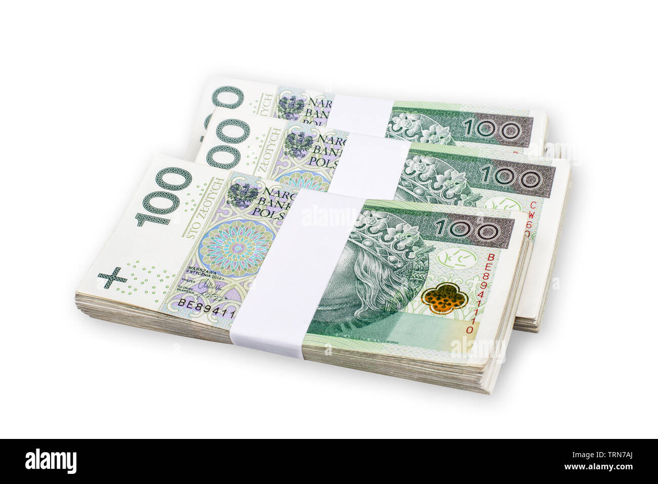 Bundles of polish 100 zloty banknotes. Isolated on white. Path included ...
