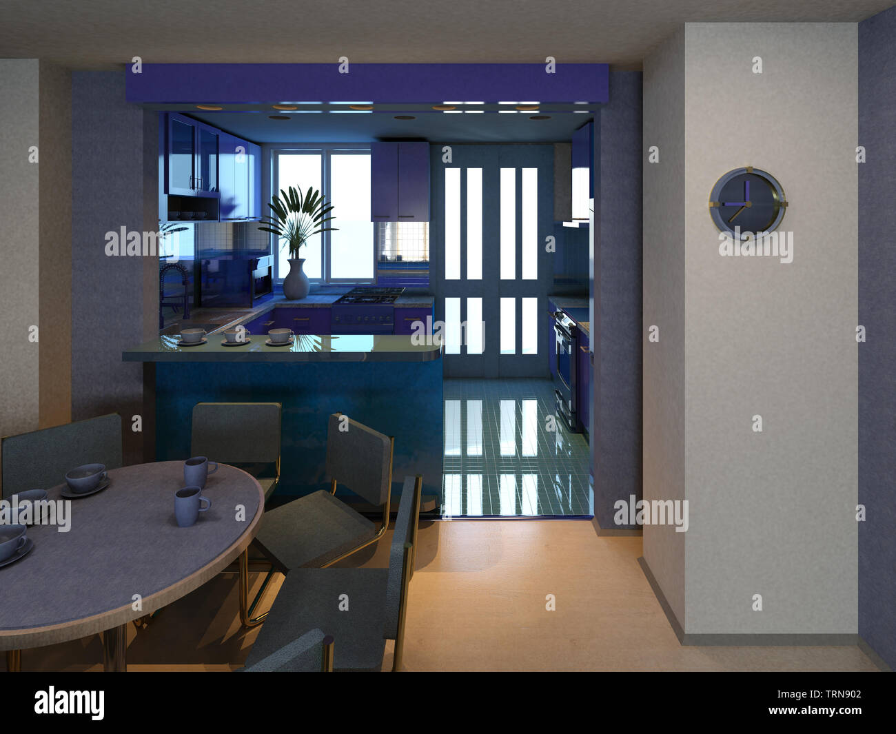 Kitchen - dining corner architectural design 3D illustration 2. Blue ...