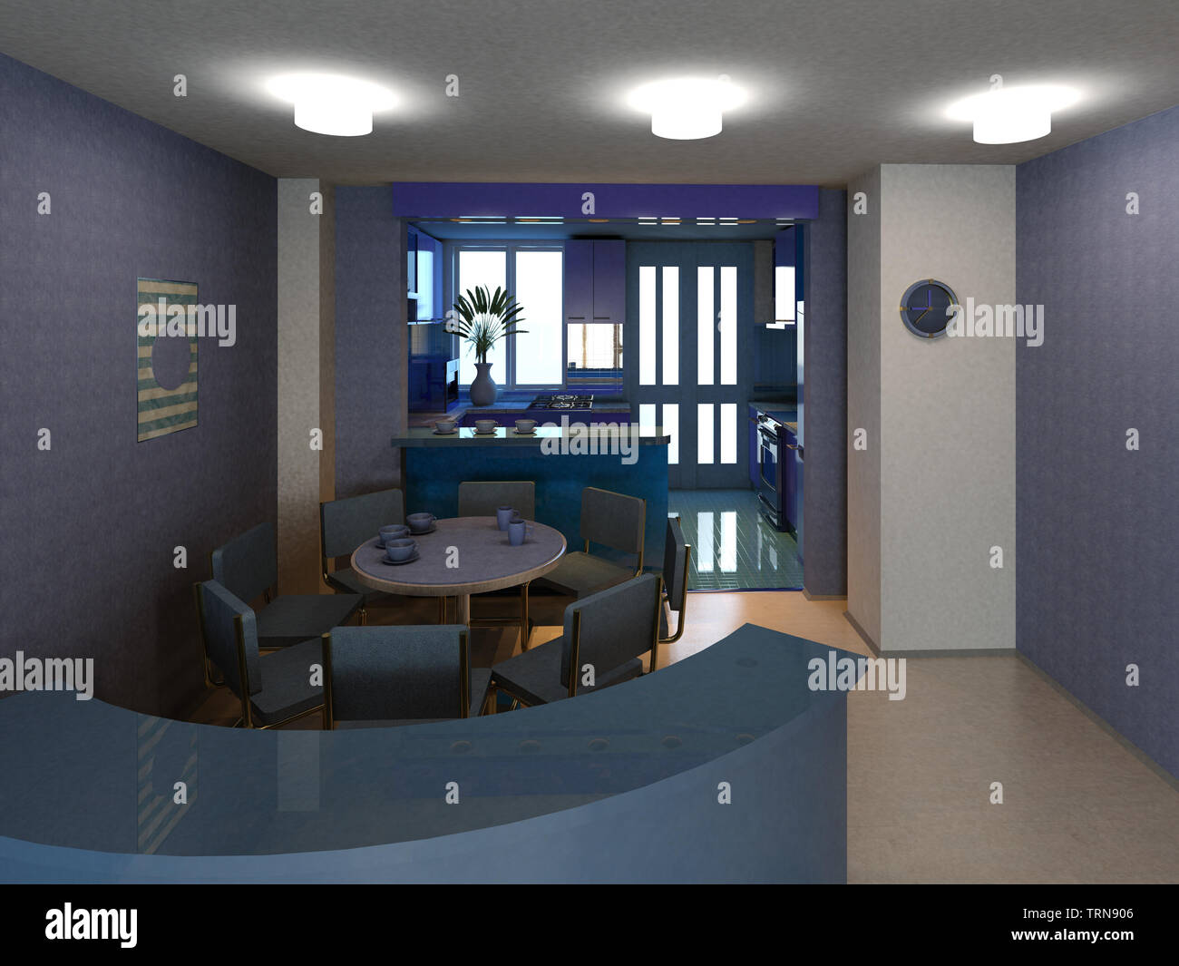 Kitchen and dining corner architectural design 3D illustration. Blue ...