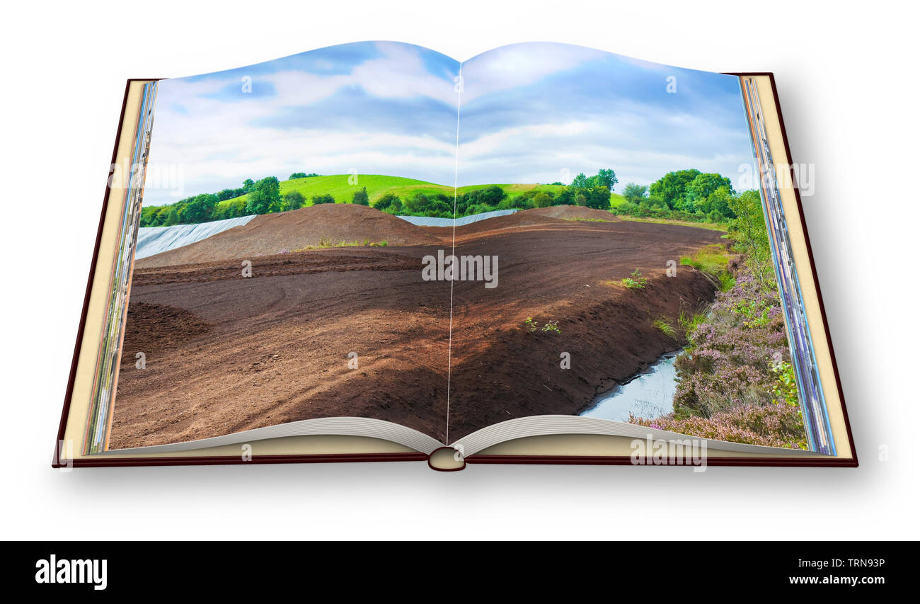 3D render of an opened photo book with an Irish peat bog landscape ...
