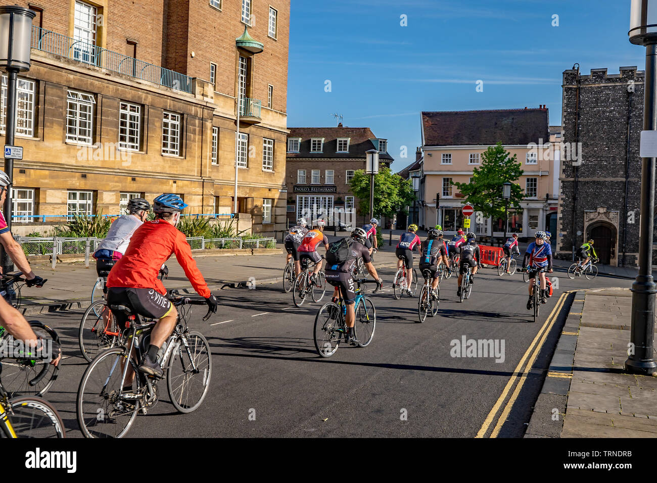 June 2019, Norwich 100 bike ride: Group of cyclists leaving the start ...