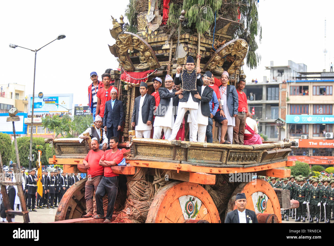 Kathmandu, Nepal, 09 June, 2019. A priest displaying the black jewel ...