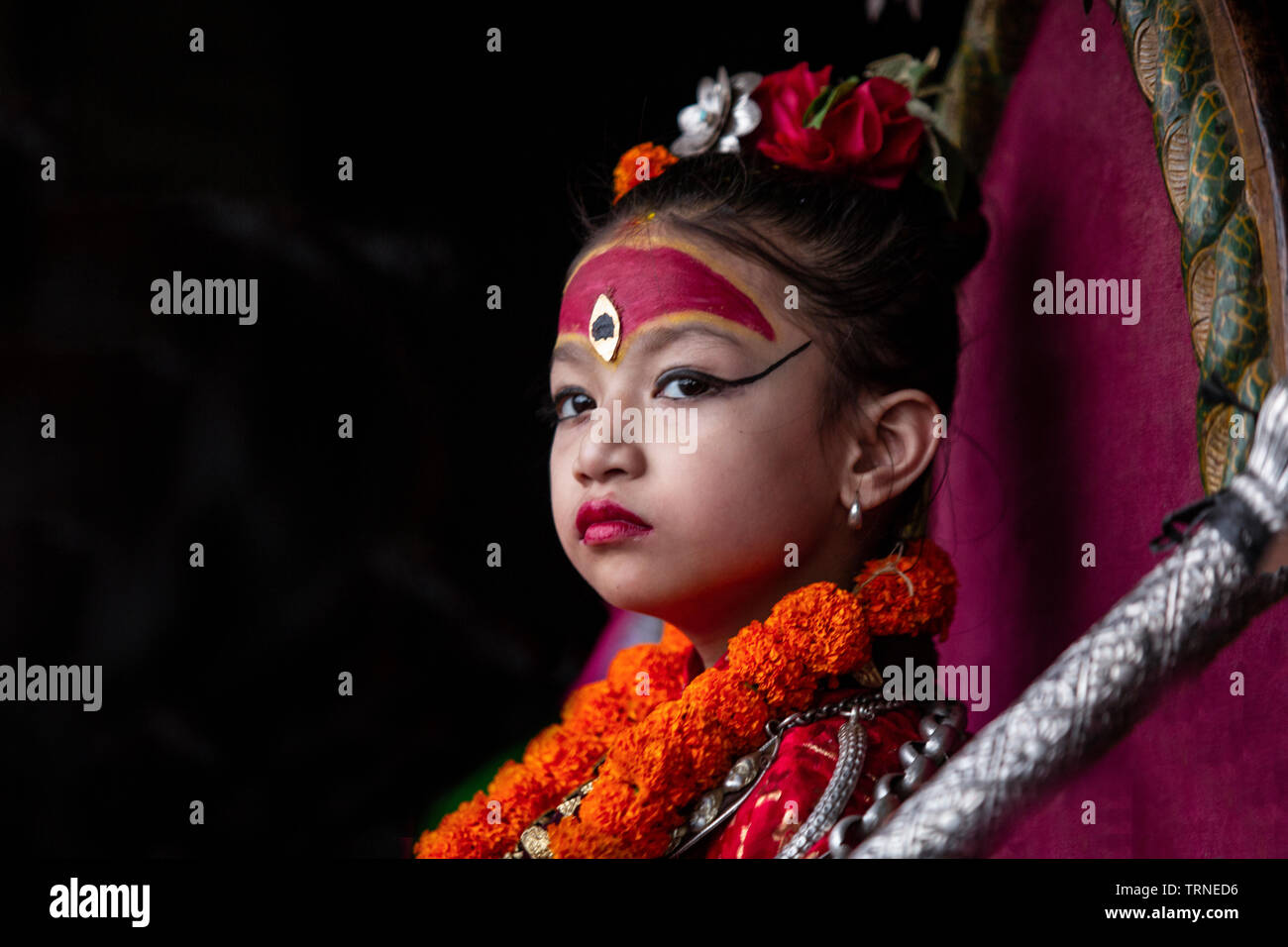 Kathmandu, Nepal, 09 June, 2019. Living god 'Kumari' attending the last ...