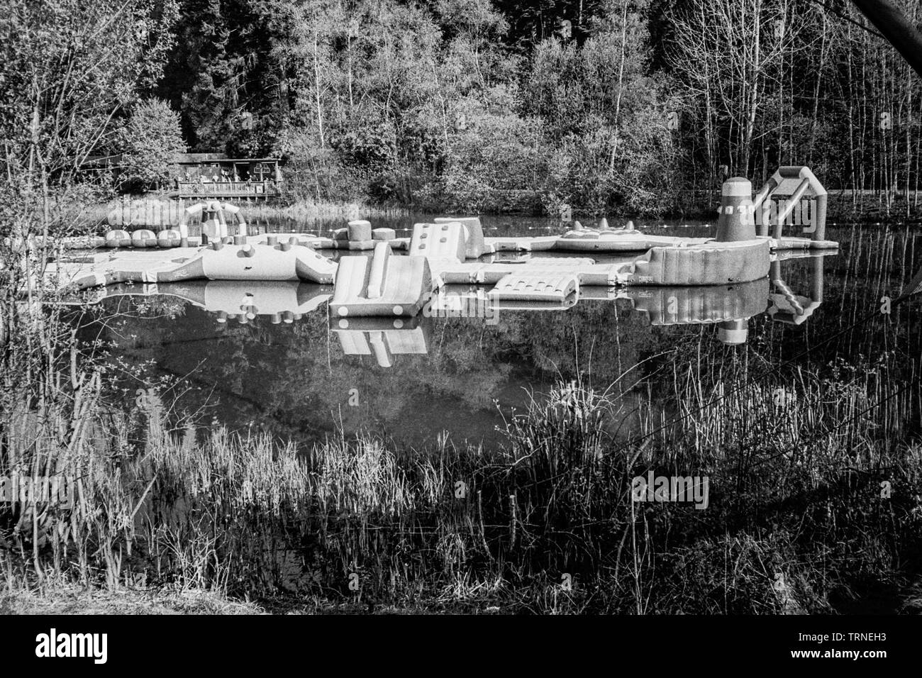 Inflatable floating assault course at Center Parcs, Longleat, Wiltshire ...