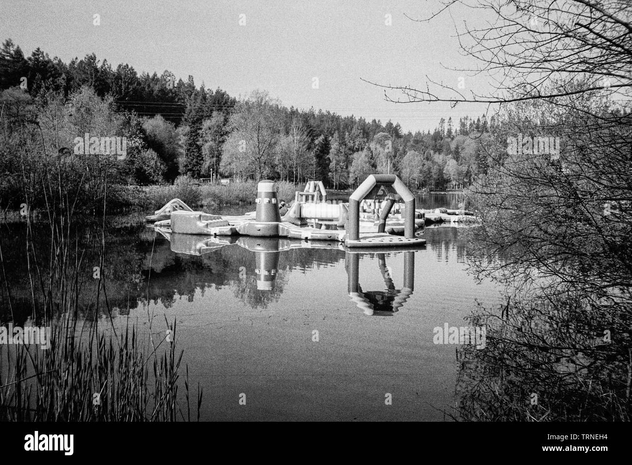 Inflatable floating assault course at Center Parcs, Longleat, Wiltshire ...