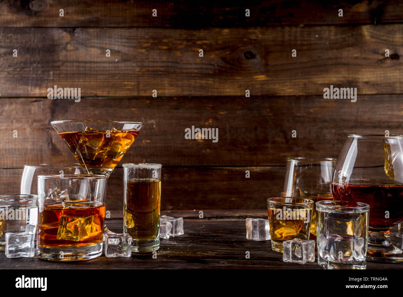 Assortment various hard and strong alcoholic drinks in different ...
