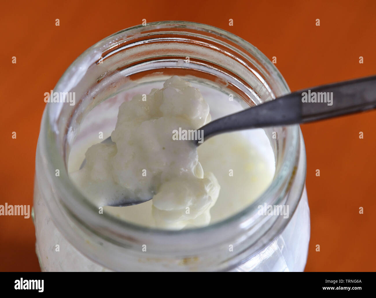 A teaspoon stirs the kefir and raises some granules in a close-up shot ...