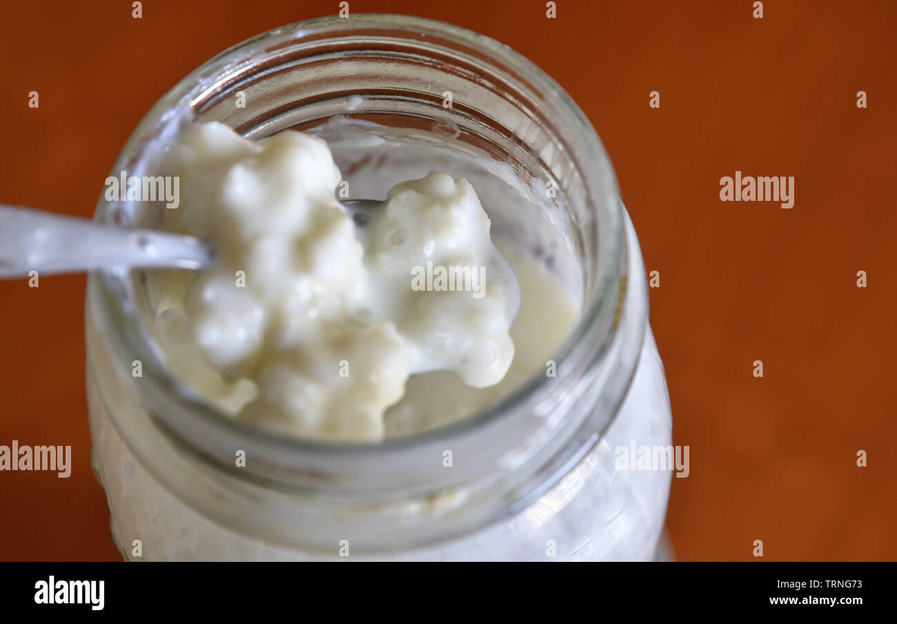 A teaspoon stirs the kefir and raises some granules in a close-up shot ...