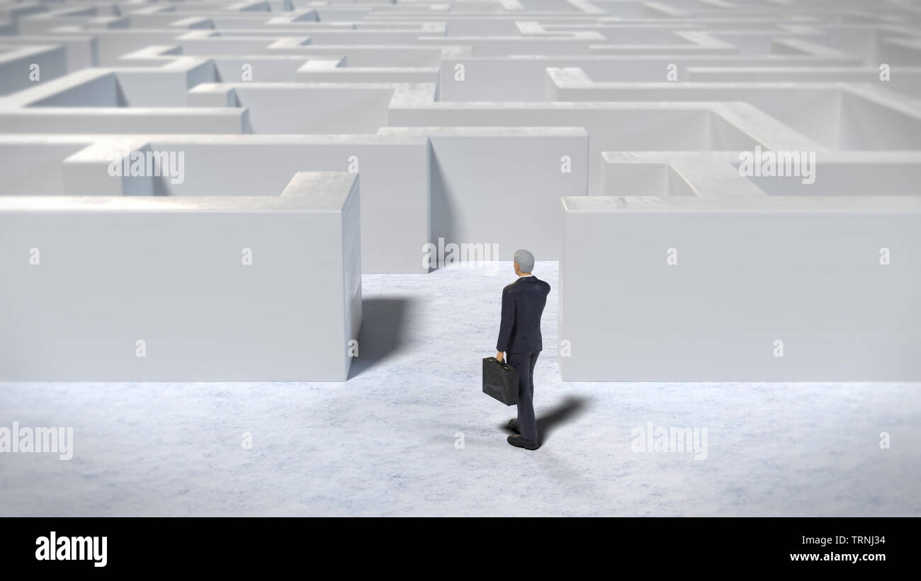 toy miniature businessman figurine entering a white maze structure, 3d ...