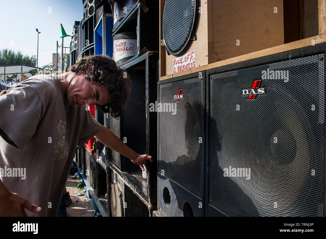 Guy dancing in close range of a speaker sound system at Anti-Sonar free ...