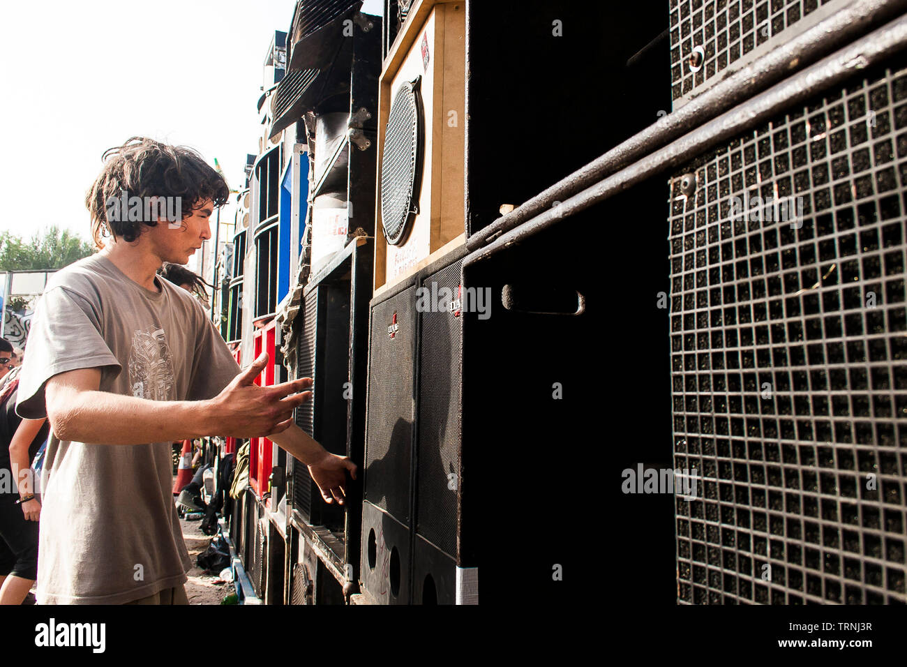 Guy dancing in close range of a speaker sound system at Anti-Sonar free ...