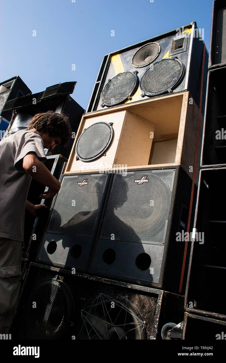 Guy dancing in close range of a speaker sound system at Anti-Sonar free ...