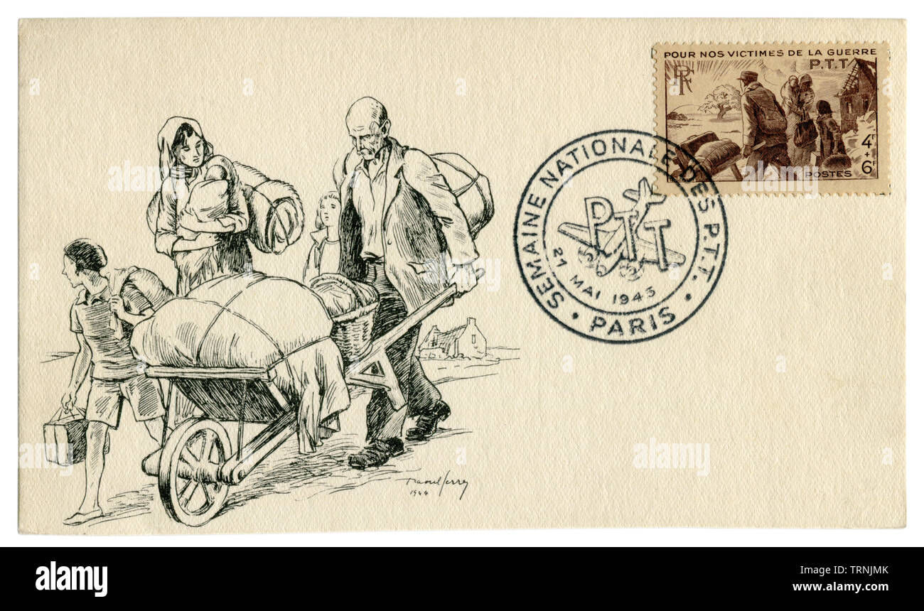 Paris, Republic of France - 21 May 1945: French historical postal card ...