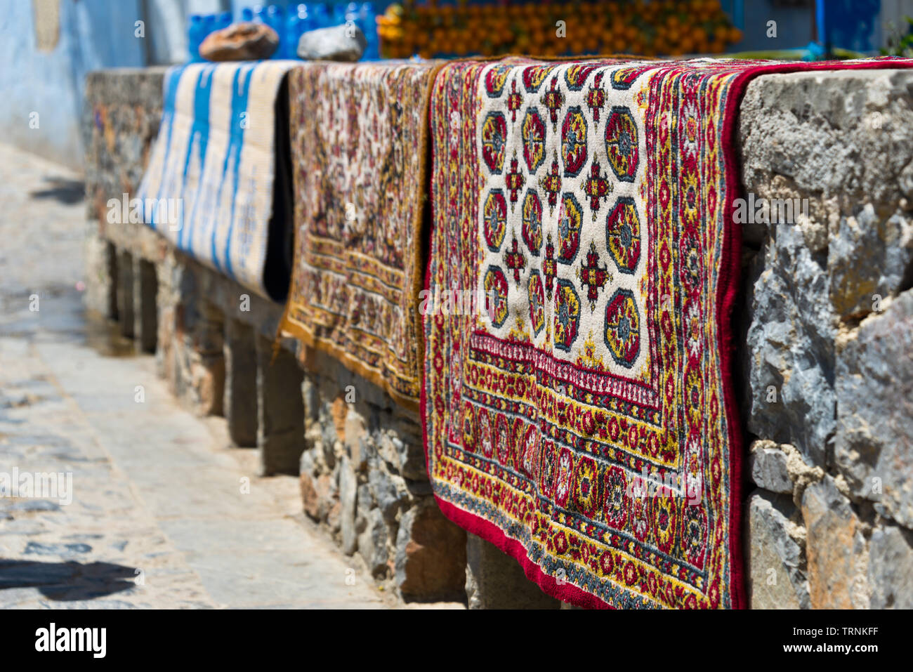 carpets drying after laundry in chefchaouen, morocco Stock Photo - Alamy