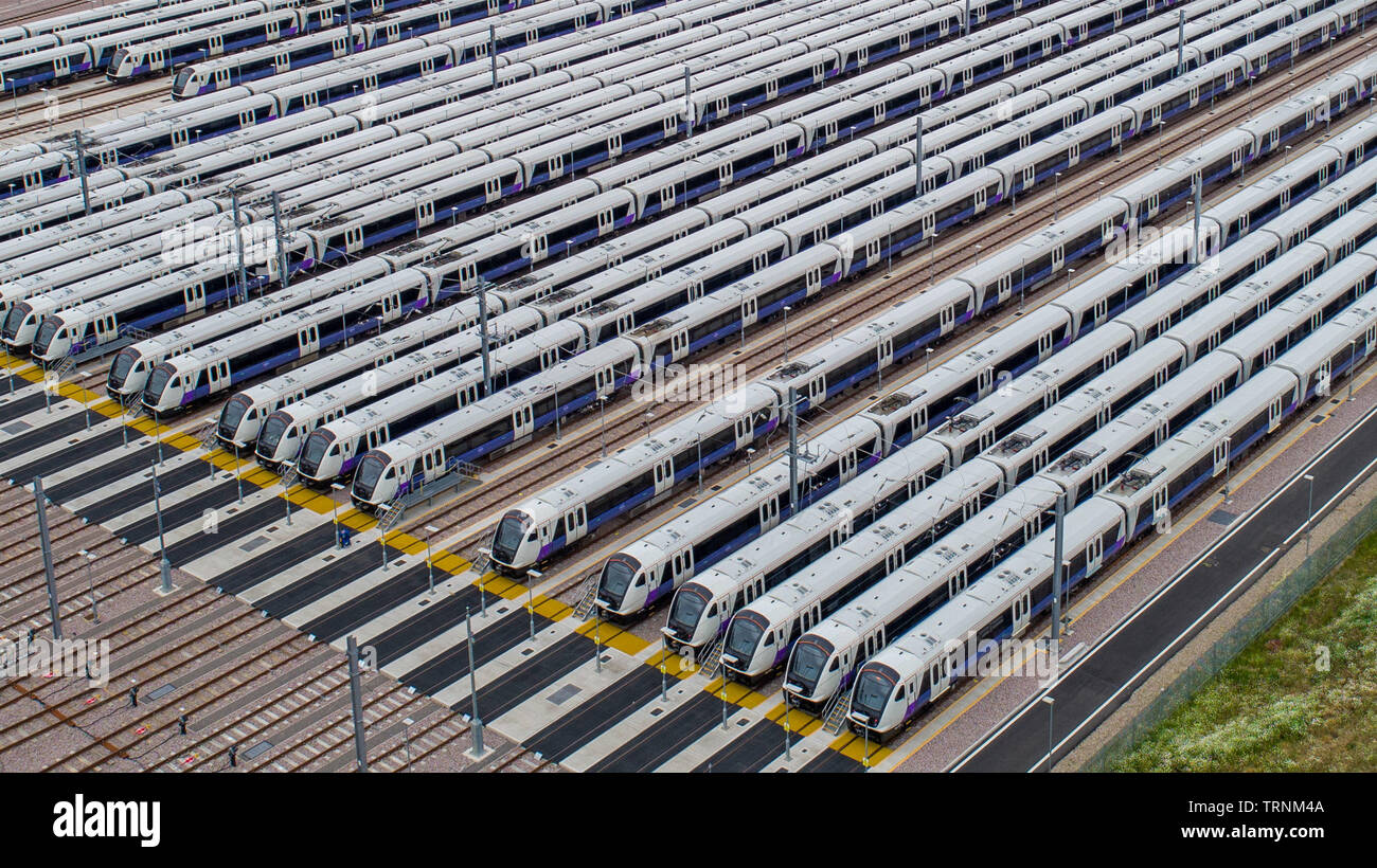 Picture shows Crossrail's new Bombardier Class 345 trains sitting in ...