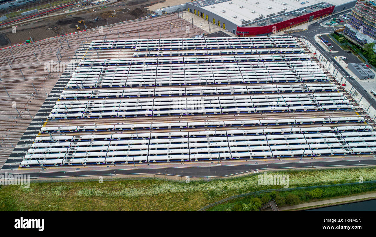 Picture shows Crossrail's new Bombardier Class 345 trains sitting in ...